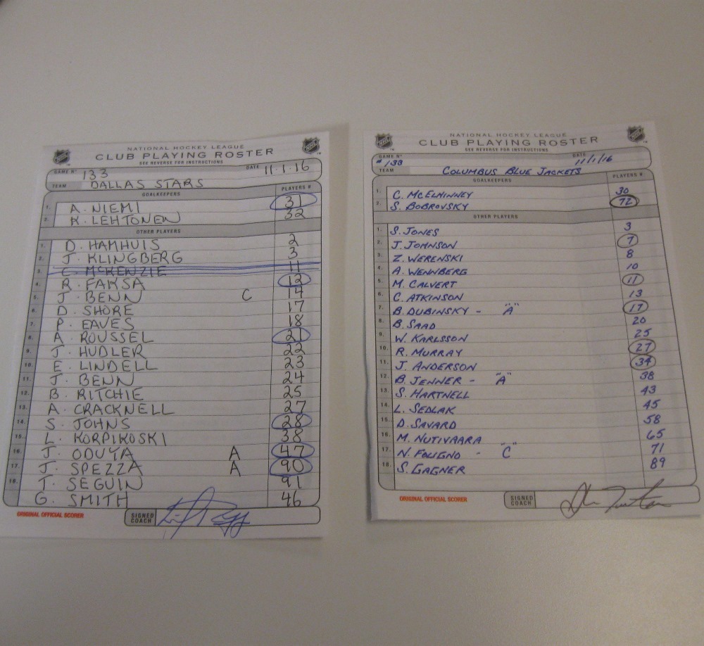 Dallas Stars. vs Columbus Blue Jackets. November 1st 2016 line-up Cards ...