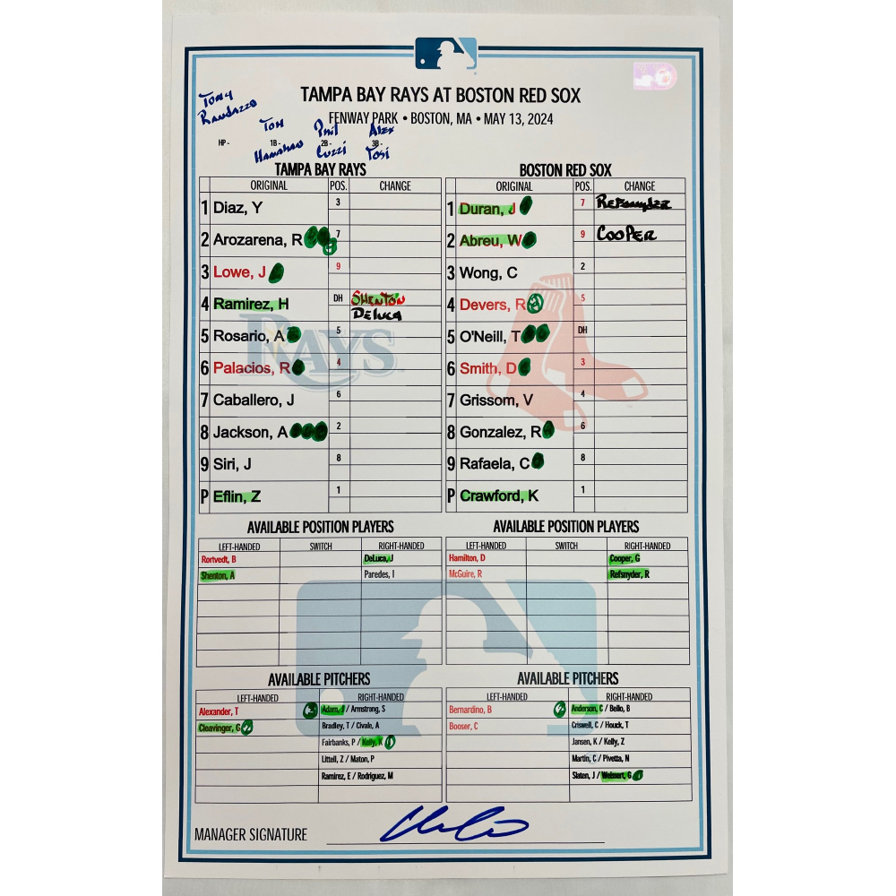Game Used Lineup Card: Tampa Bay Rays at Boston Red Sox - Harold ...