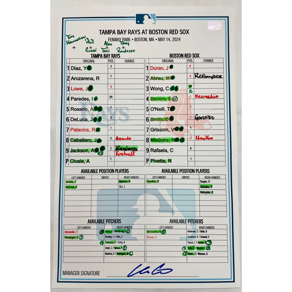 Game Used Lineup Card: Tampa Bay Rays at Boston Red Sox - Romy Gonzalez ...
