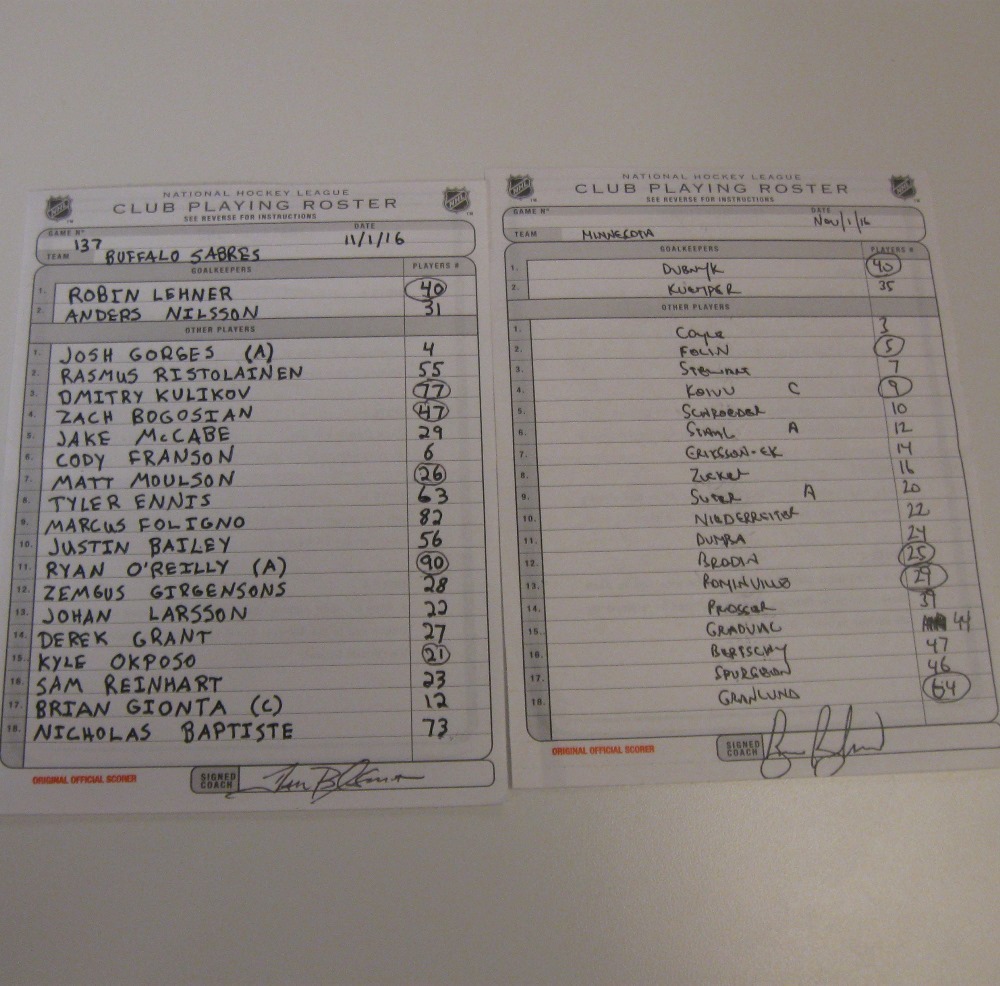 Buffalo Sabres vs. Minnesota Wild. November 1st 2016 line-up Cards from ...