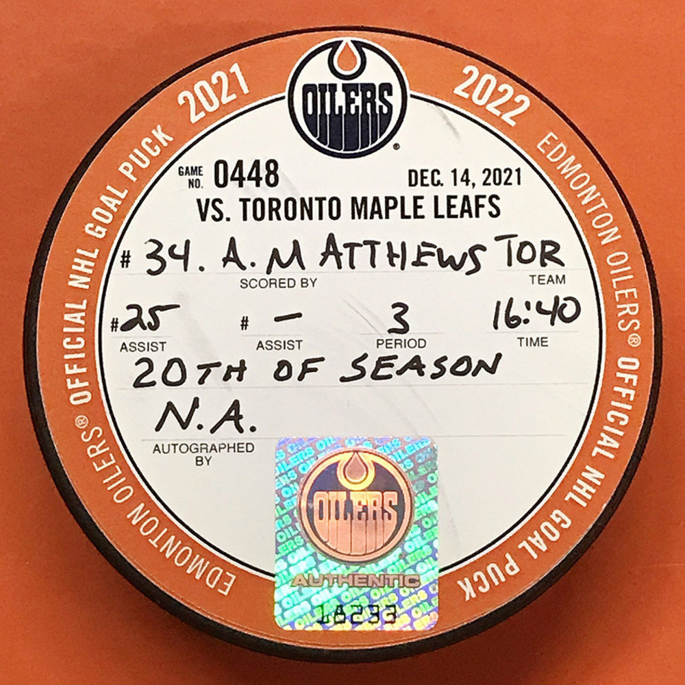 Auston Matthews #34 - Toronto Maple Leafs Goal Puck From December 14 ...