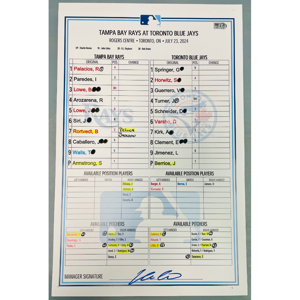 Game Used Lineup Card: Tampa Bay Rays at Toronto Blue Jays - Brandon ...