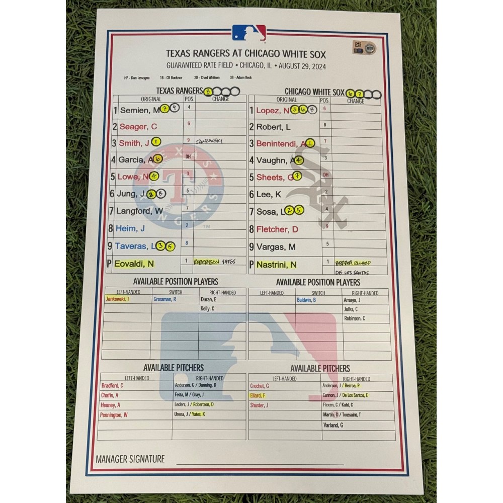 Texas Rangers 2024 Game-Used Visiting Dugout Lineup Card - Corey Seager ...