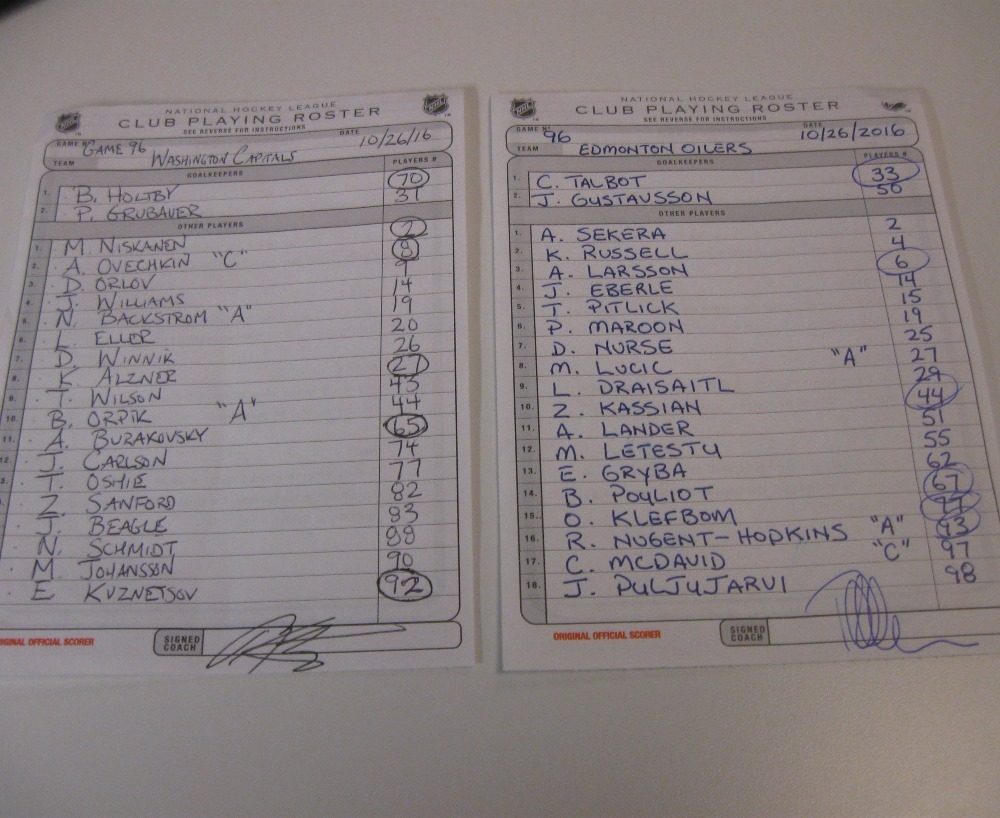 Washington Capitals vs. Edmonton Oilers. October 26th 2016 line-up ...