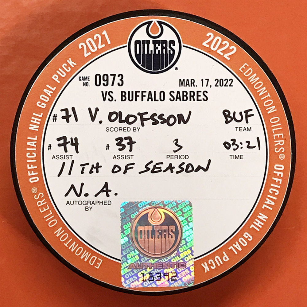 Victor Olofsson #71 - Buffalo Sabres Goal Puck From March 17, 2022 Vs ...