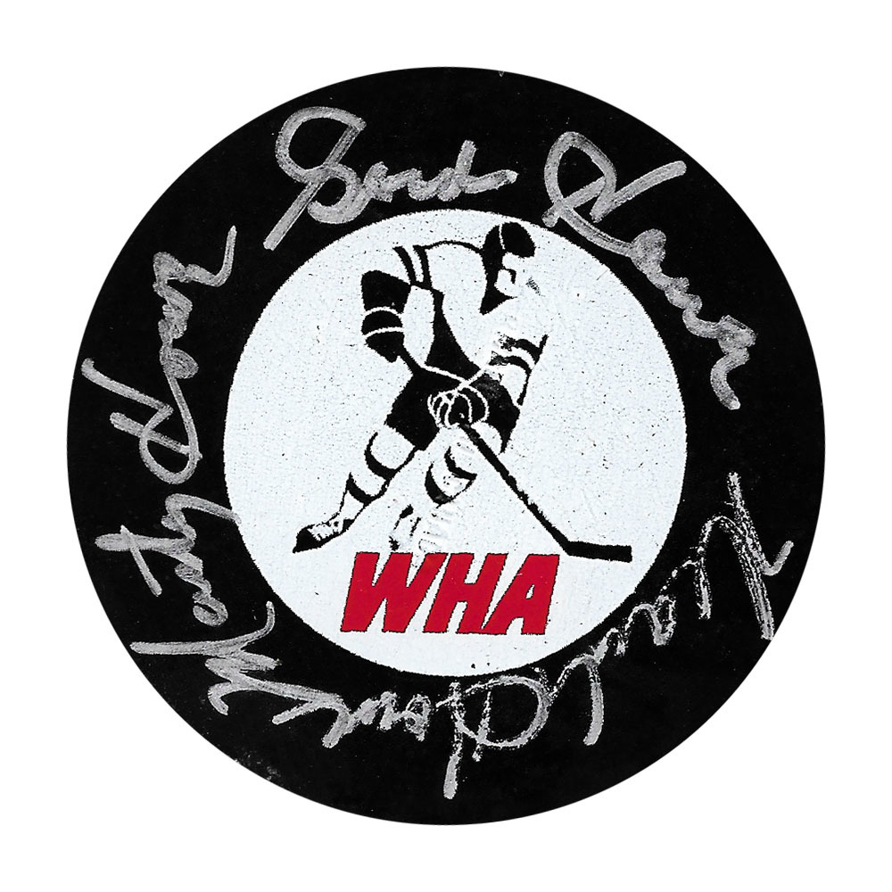Gordie, Mark & Marty Howe Autographed WHA Puck - NHL Auctions