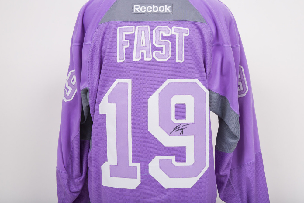 Autographed Jesper Fast Commemorative lavender Jersey worn in warm-ups ...