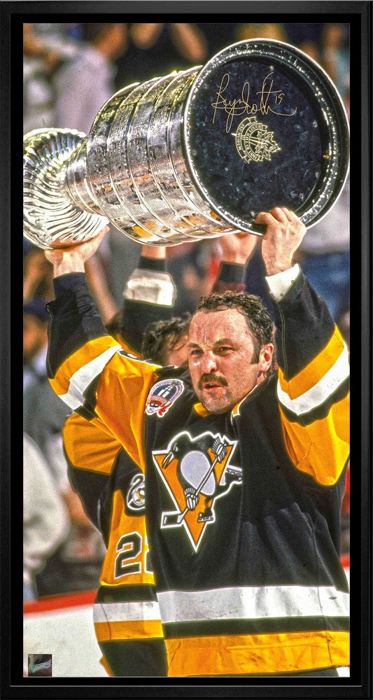Bryan Trottier - Signed & Framed 14x28 Pittsburgh Penguins Raising Cup ...