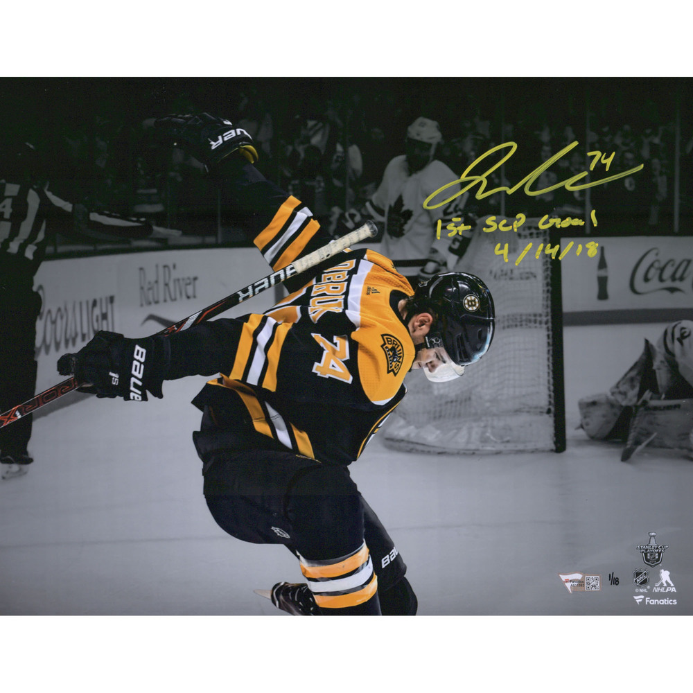 Jake DeBrusk Boston Bruins Autographed 11" x 14" Goal Celebration Spotlight Photograph with "1st ...