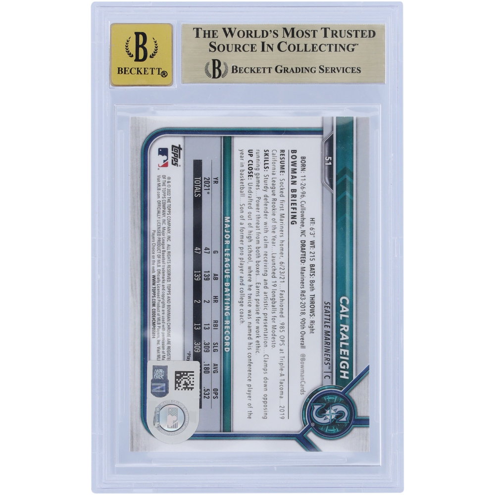 Cal Raleigh Seattle Mariners Autographed 2022 Bowman Chrome #51 Beckett ...