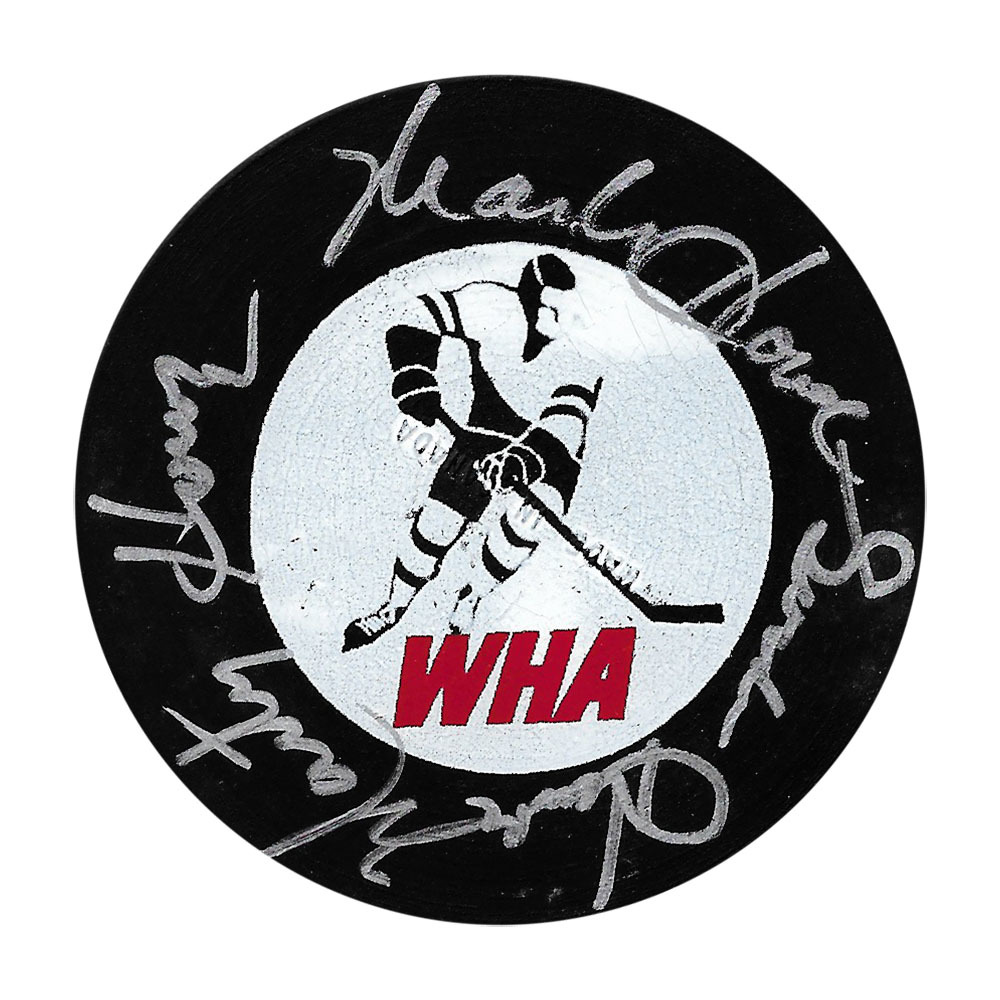 Gordie, Mark & Marty Howe Autographed WHA Puck - NHL Auctions