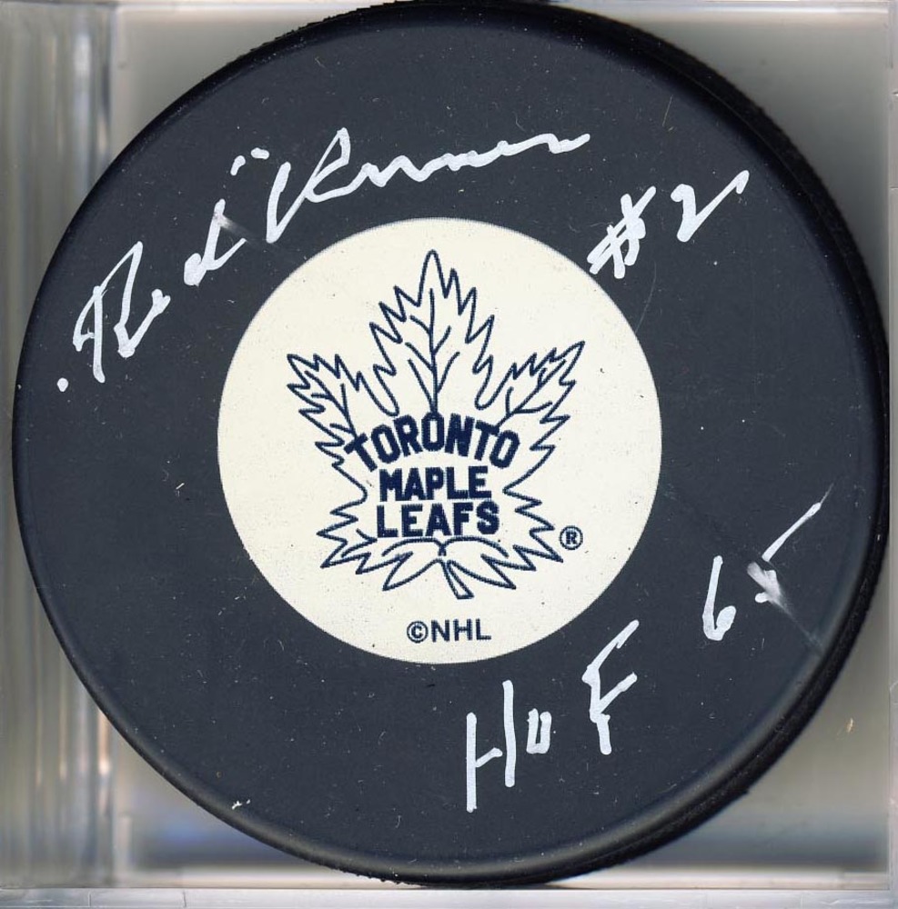 Red Horner Toronto Maple Leafs Autographed Hockey Puck w/ HOF 65 Note ...