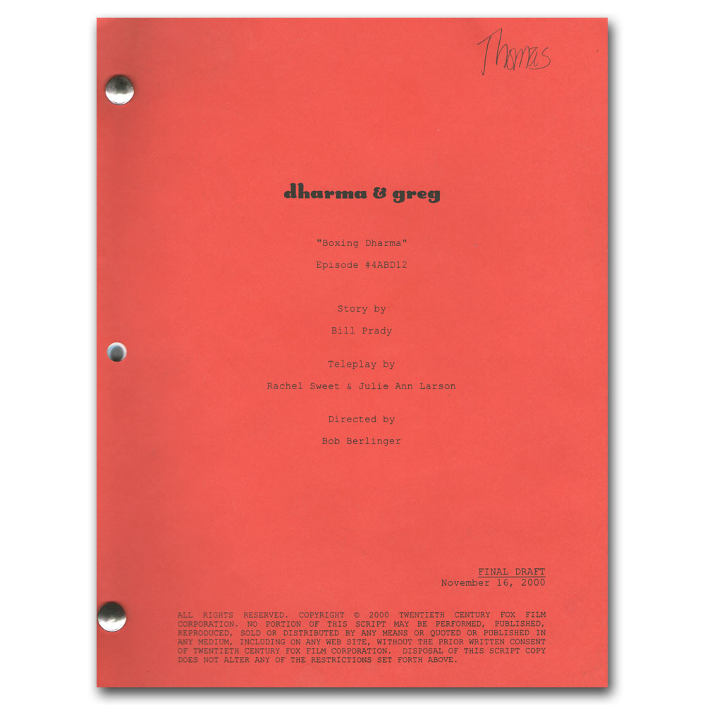 Thomas Gibson's Actual Dharma and Greg Script - November 16, 2000 - NHL Auctions