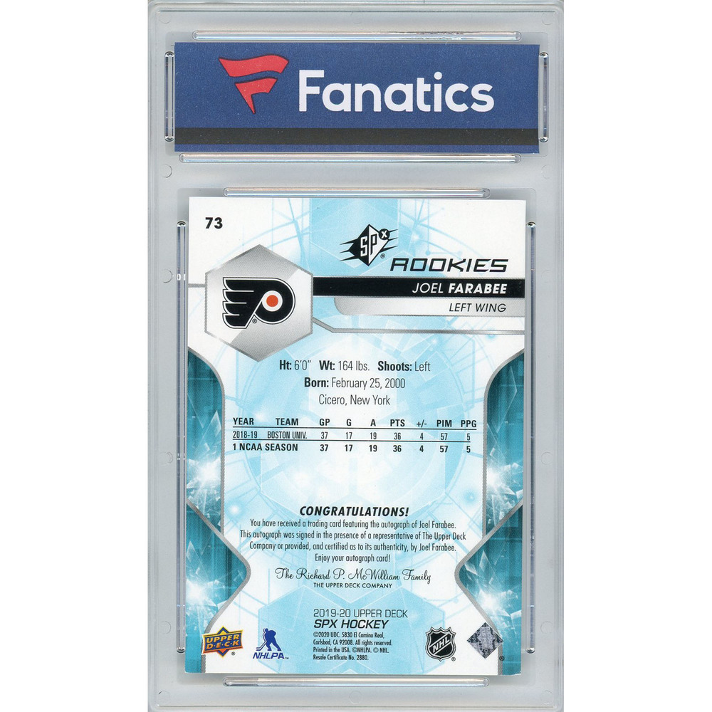 Joel Farabee Philadelphia Flyers Autographed 2019-20 Upper Deck SPx #73 Auto Parallel Tier 2 ...