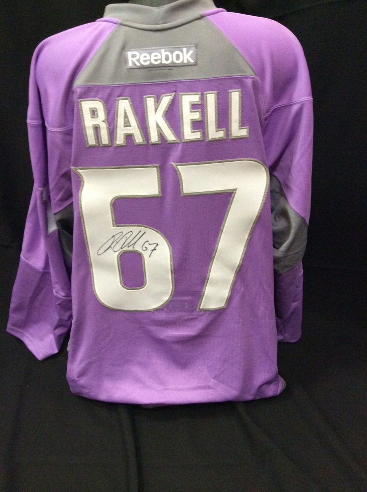 #67 Rickard Rakell Autographed Pre-Game Worn Lavender Hockey Fights ...