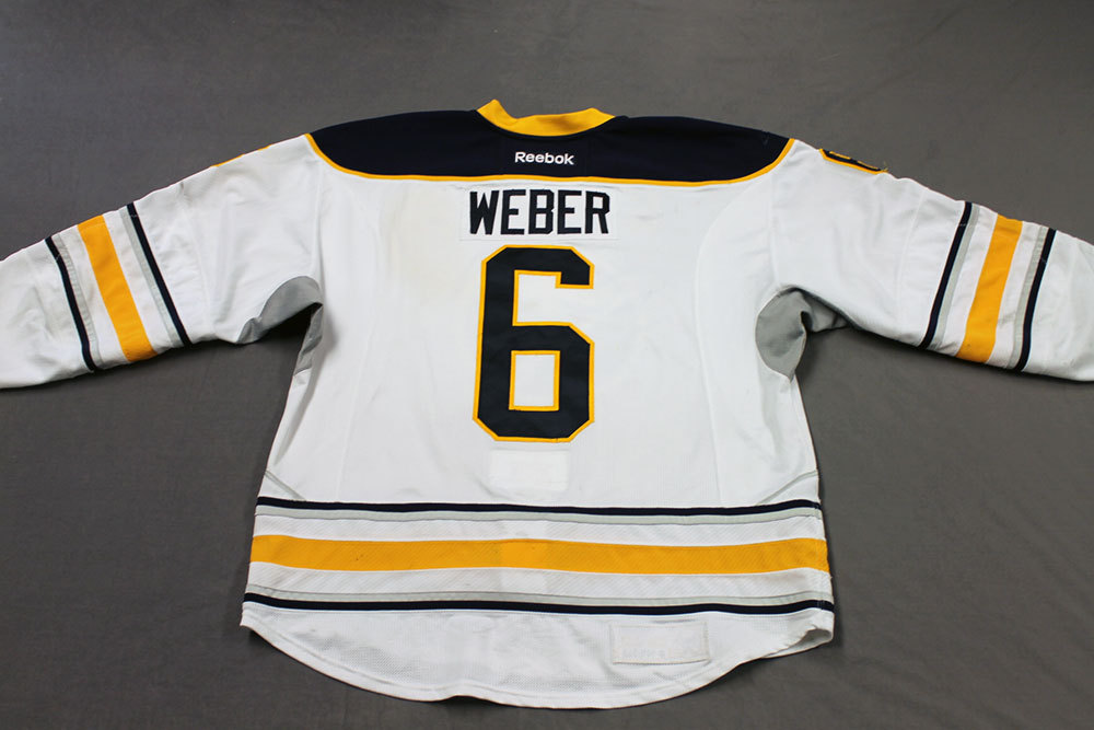 Mike Weber Game Worn Buffalo Sabres Away Jersey. Serial: 1415333. Set 2 ...