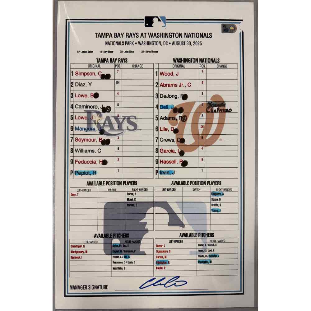Game Used Lineup Card: Tampa Bay Rays at Washington Nationals - August ...