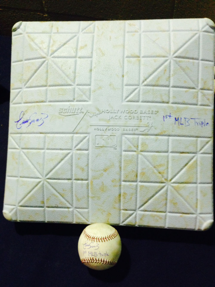 Eugenio Suarez Autographed Game-Used Triple Baseball and Base | MLB ...