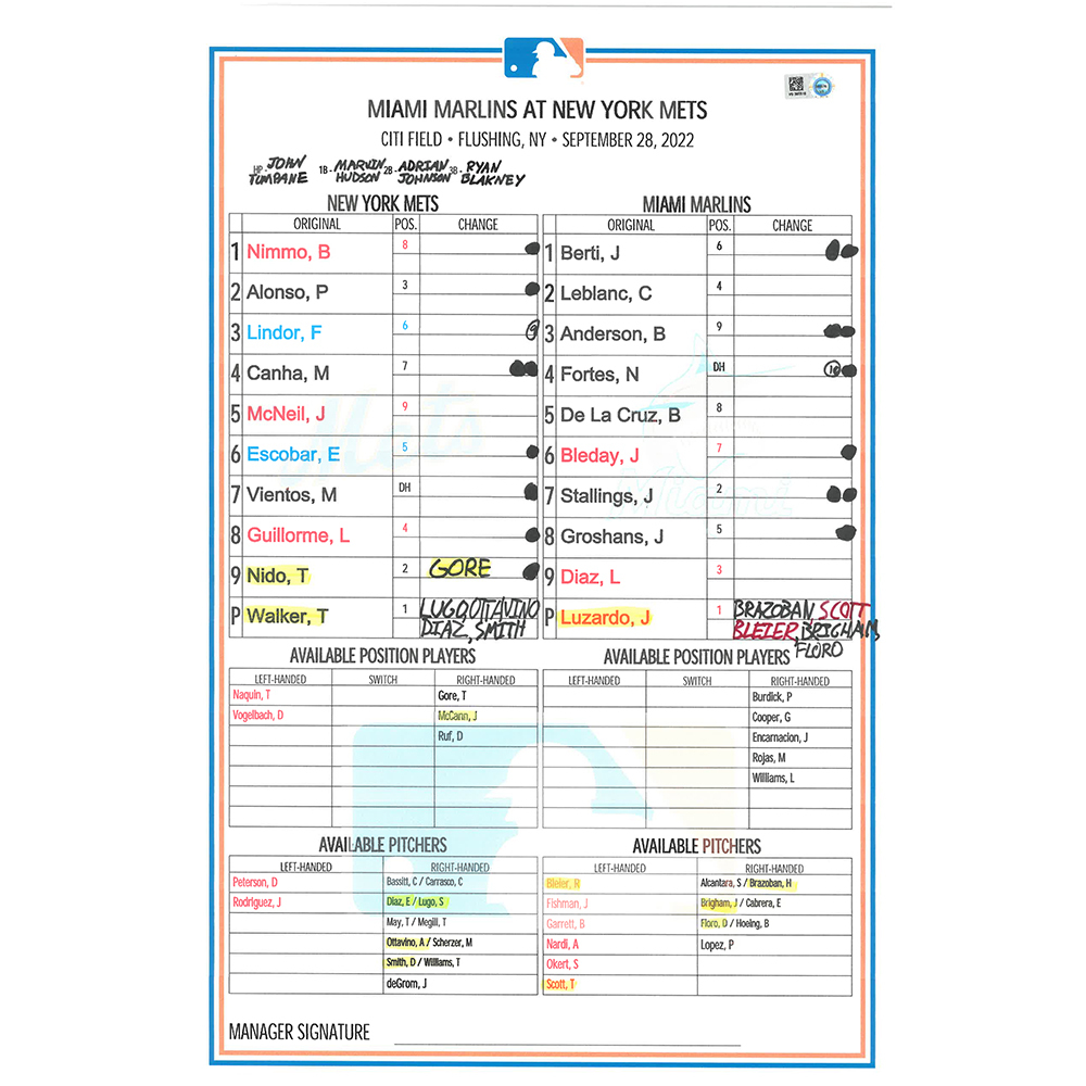 Game Used Dugout Lineup Card - Mets vs. Marlins - 9/28/22 - Escobar ...