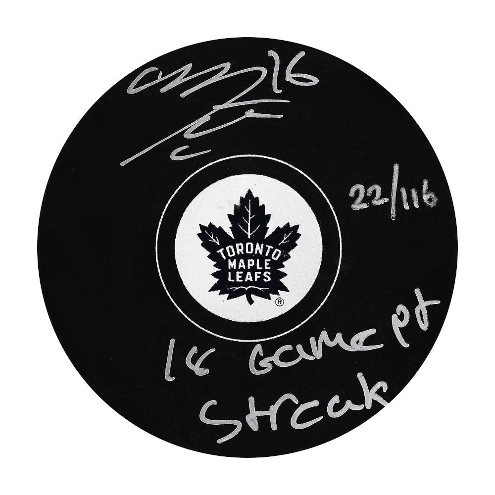 Mitch Marner Autographed Toronto Maple Leafs Puck w/18 GAME PT STREAK ...