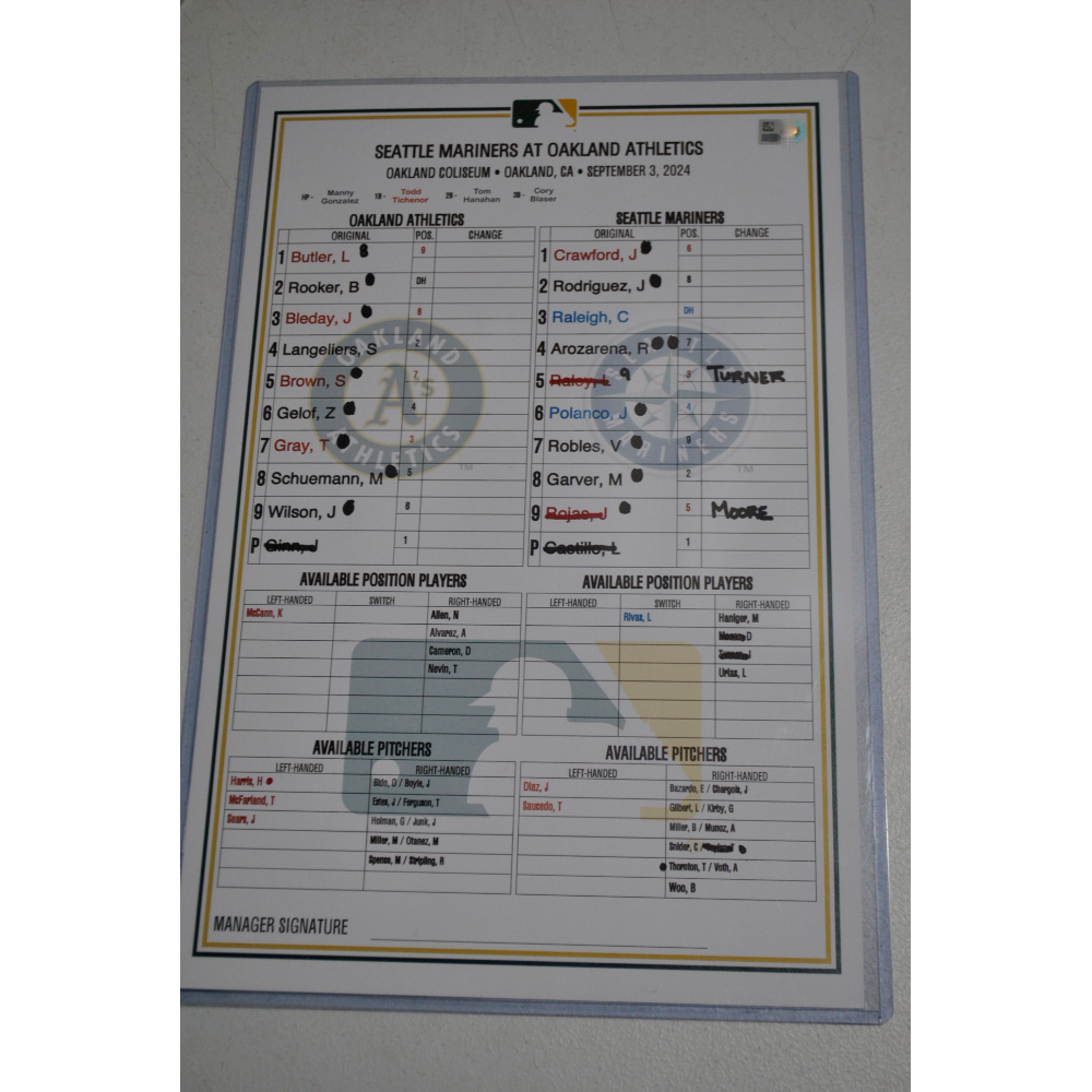 Game-Used Lineup Card - Seattle Mariners at Athletics - 9/3/24 ...