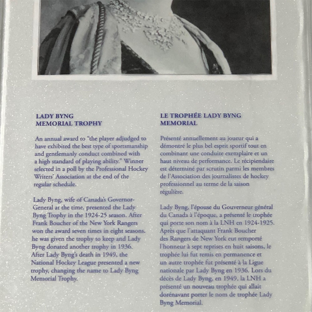Lady Byng Award Plexiglass Plaque - Once on Display in the HOF's Great ...