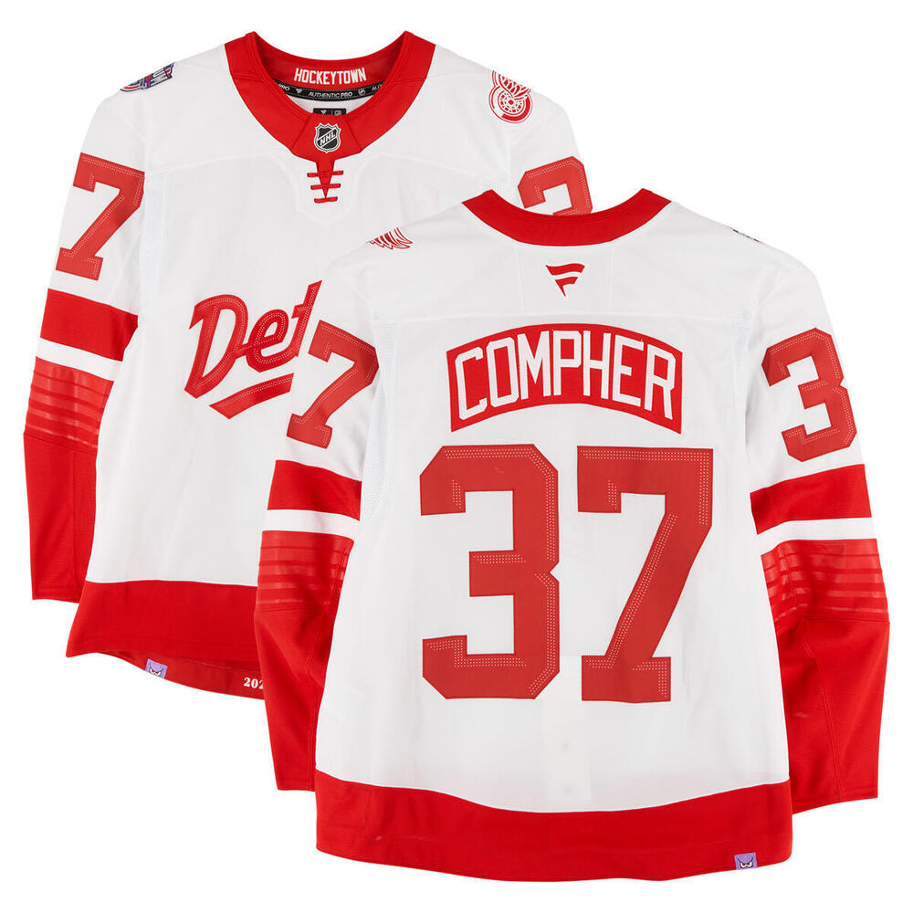 J.T. Compher Detroit Red Wings Game-Used #37 Jersey vs. Columbus Blue ...