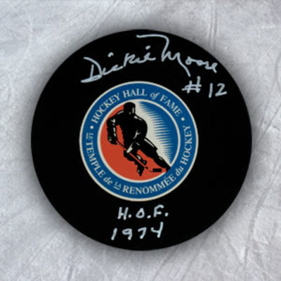 DICKIE MOORE Autographed Hockey Hall of Fame Logo Puck - NHL Auctions