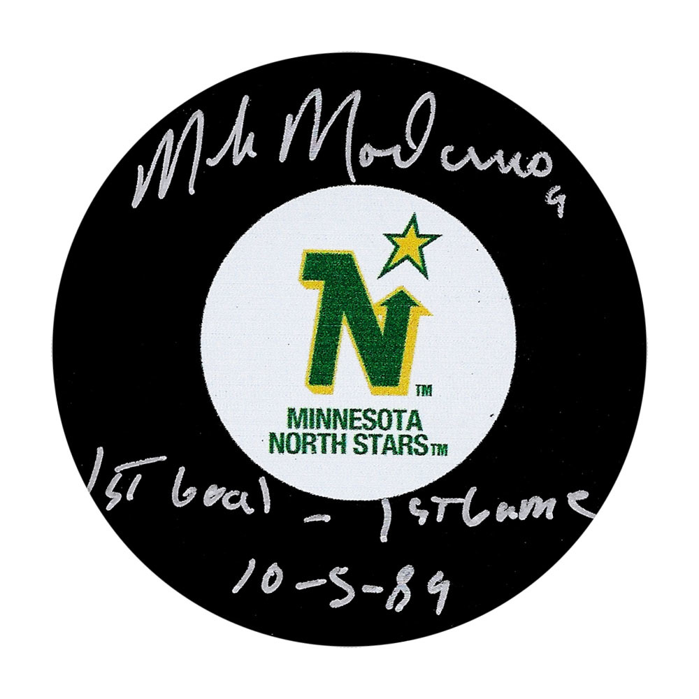 Mike Modano Autographed Minnesota North Stars Puck w/1ST GOAL 1ST GAME ...