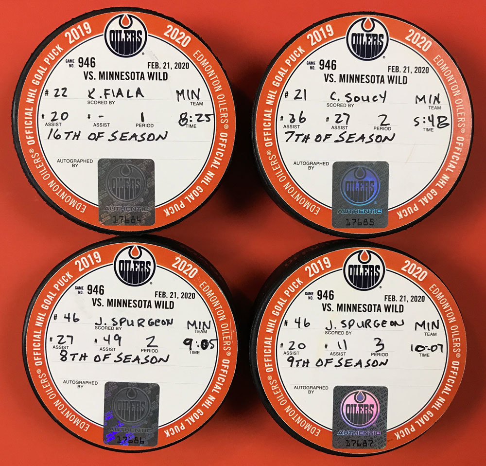 Collection Of Four Minnesota Wild Goal Pucks (Kevin Fiala, Carson Soucy ...