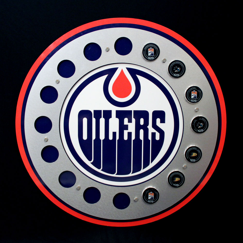 2016-17 Edmonton Oilers Locker Room Custom Puck Display With Game Pucks ...