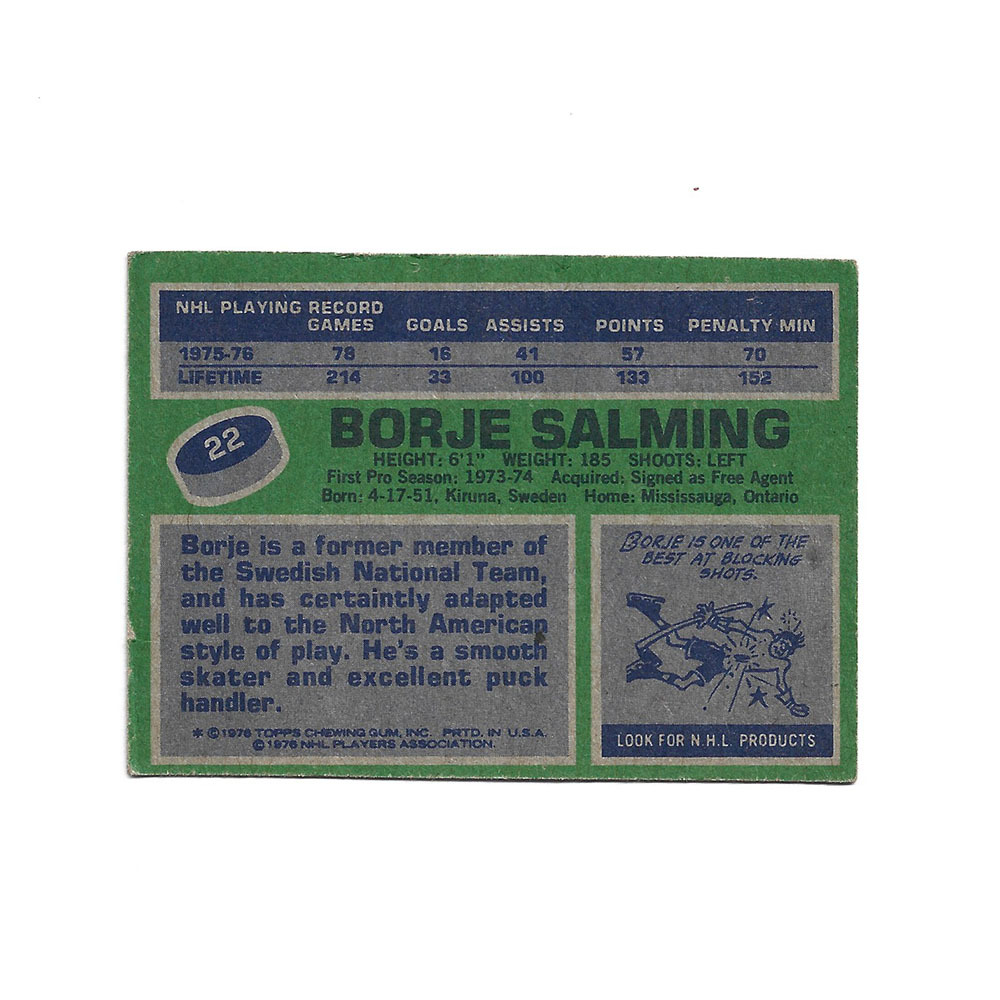 Borje Salming Autographed 1976-77 Topps Card - From Salming's Own ...