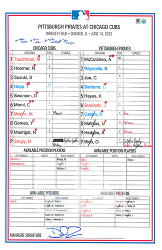 Game-Used Lineup Card - June 14th, 2023 - Pirates at Cubs - 4-Run ...