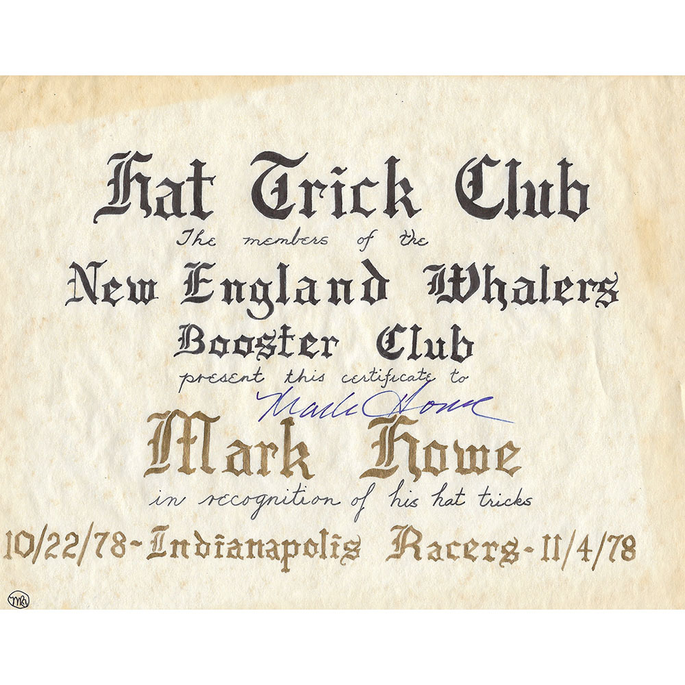Mark Howe Autographed New England Whalers Booster Club Hat Trick ...