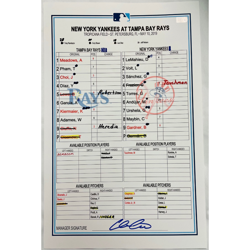 Game Used Lineup Card: Tampa Bay Rays v New York Yankees - May 10, 2019 ...
