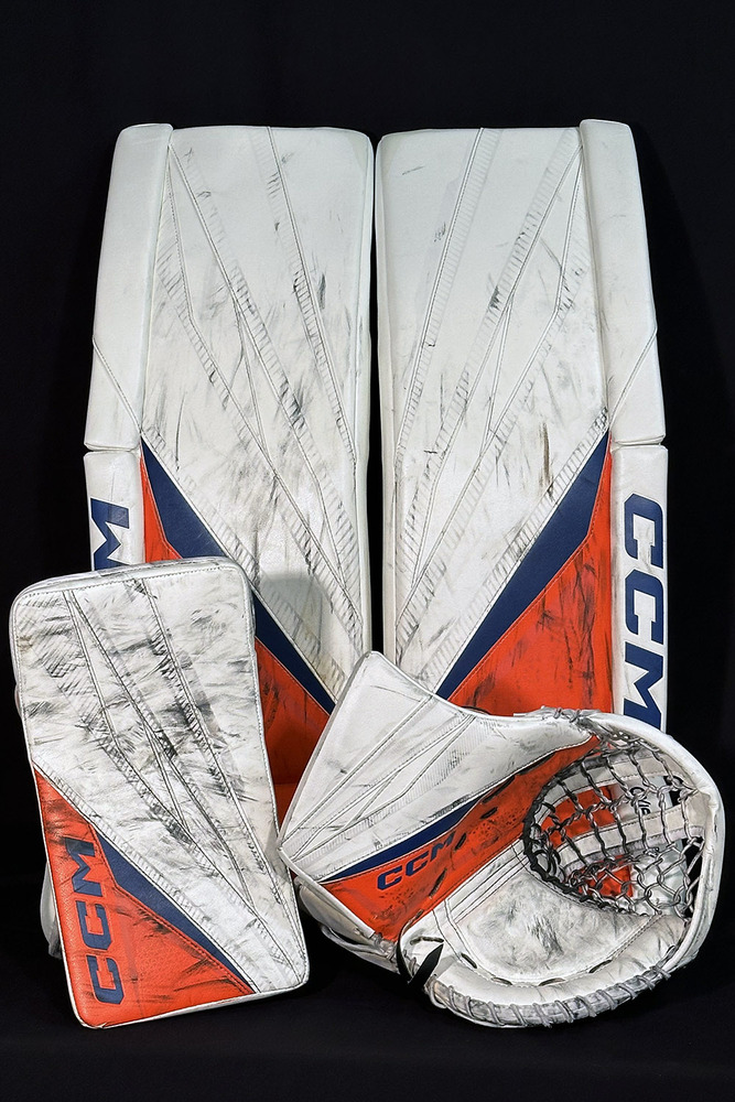 Stuart Skinner #74 - Autographed 2023-24 Edmonton Oilers Game-Used CCM Trapper, Blocker & Goal ...