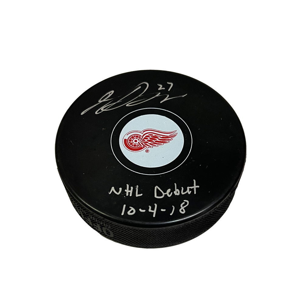 MICHAEL RASMUSSEN Signed Detroit Red Wings Puck - "NHL Debut 10-4-18 ...