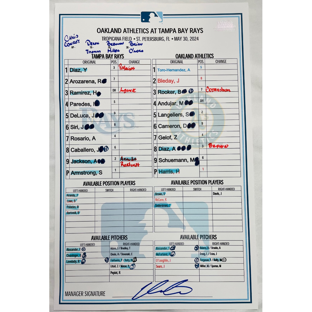 Game Used Lineup Card: Tampa Bay Rays v Oakland Athletics - Richie ...