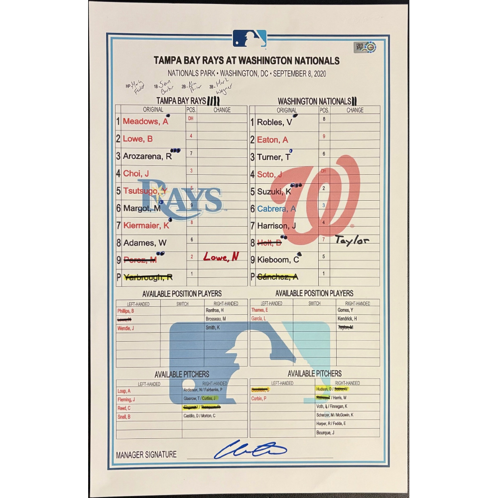 Game Used Lineup Card: Tampa Bay Rays at Washington Nationals ...