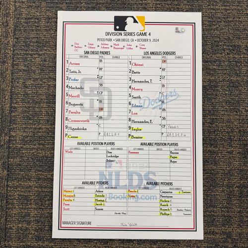 10/9/2024 LAD at SD NLDS Game 4 Game-Used Line-Up Card (Shohei Ohtani 4th MLB Career Postseason ...